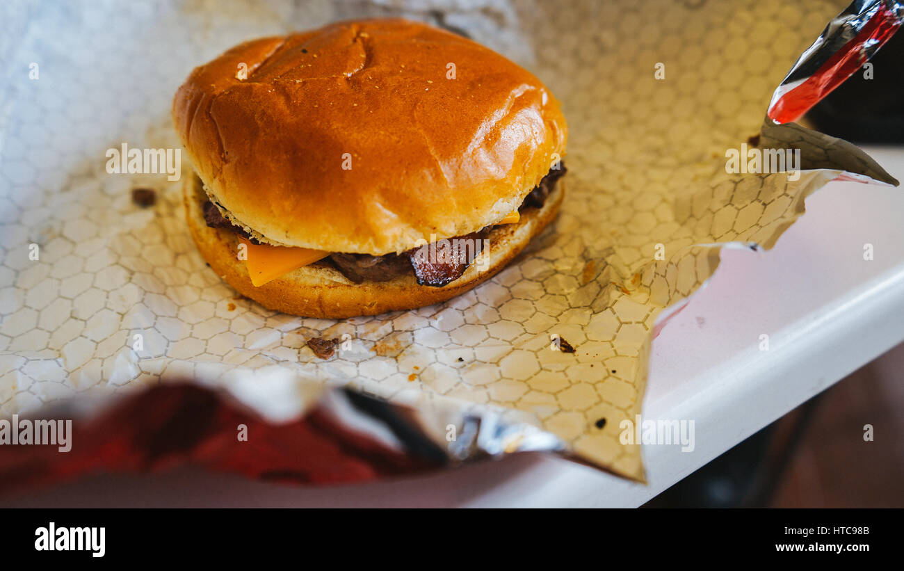 A bacon cheese burger from Wendy's. This is the real cheese burger and ...