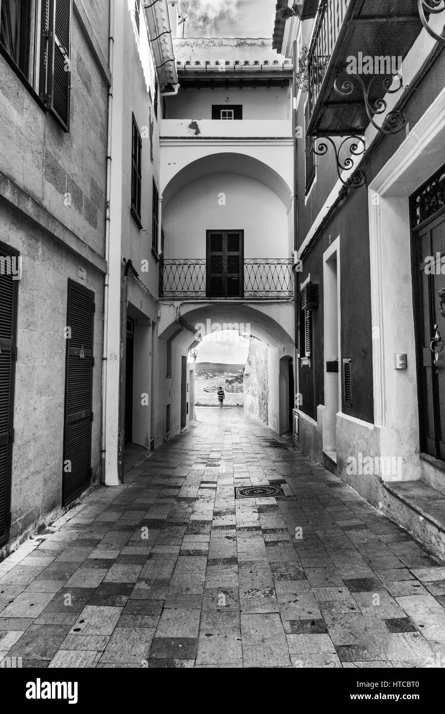 Narrow Street in historic centre of Mahon, Menorca, Balearic Islands ...