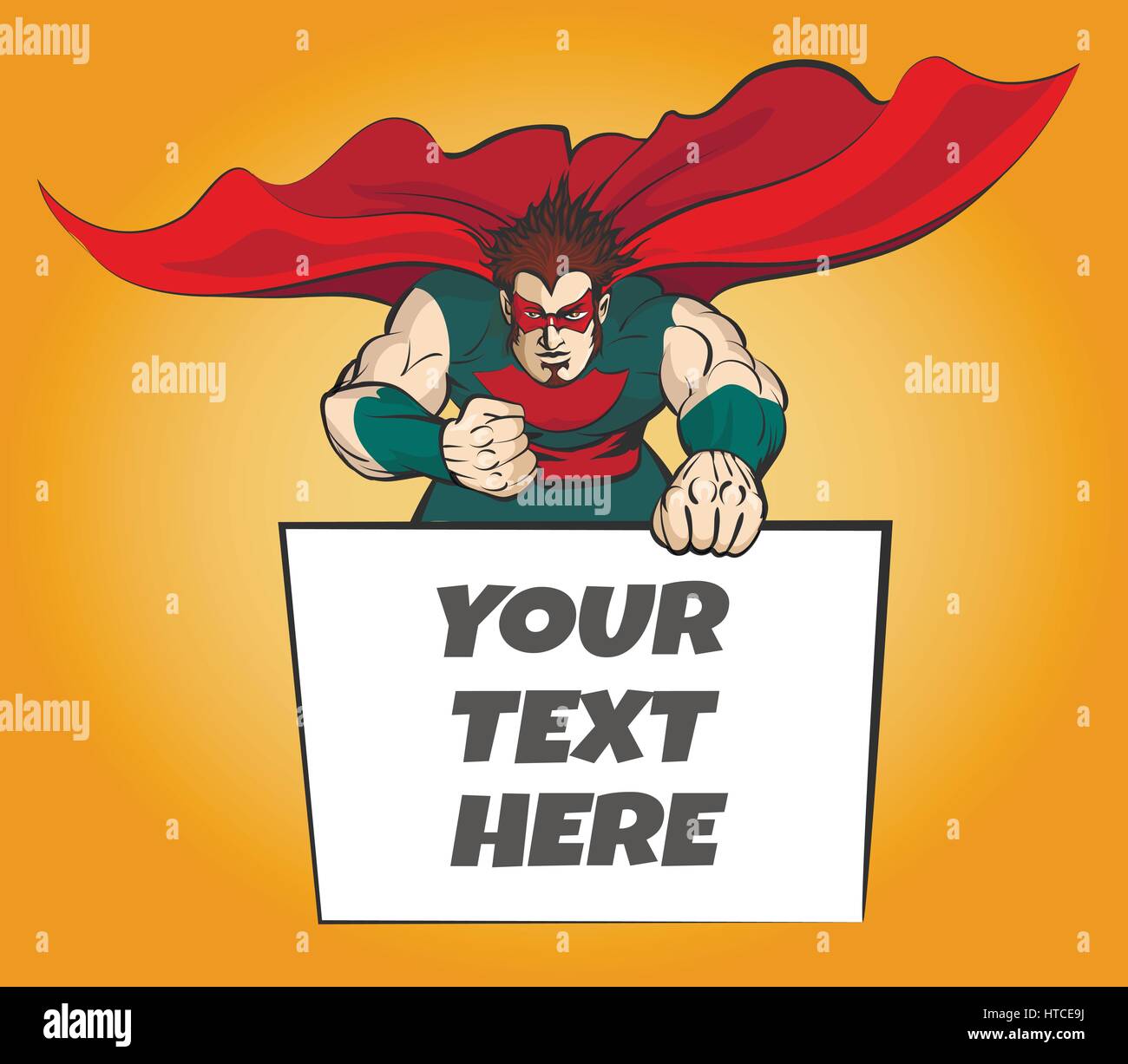 Superhero in brave pose holding a message board for your text. Vector ...