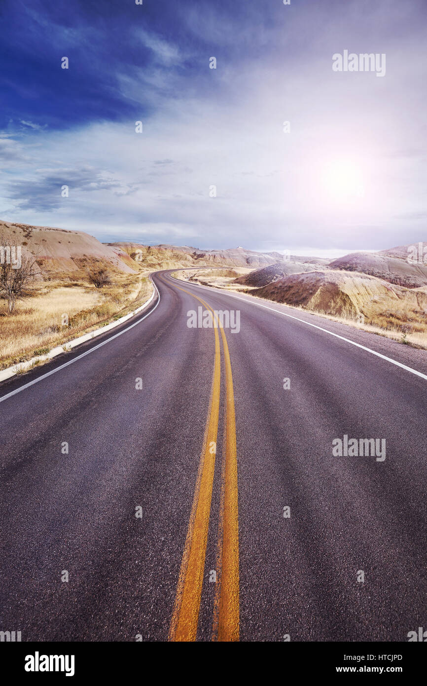 Retro stylized scenic highway at sunset, travel concept, USA Stock ...