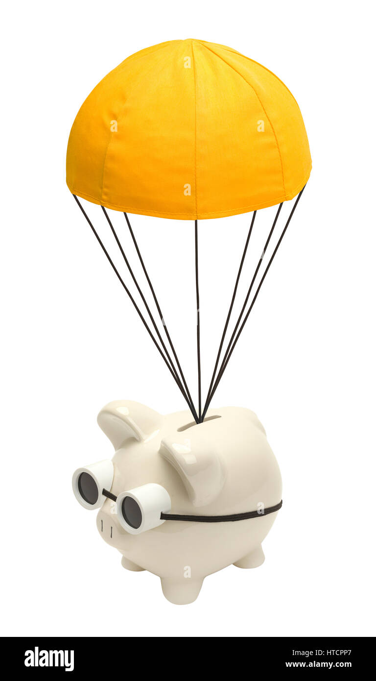 Piggy Bank Floating Down with Golden Parachute Isolated on White Stock ...