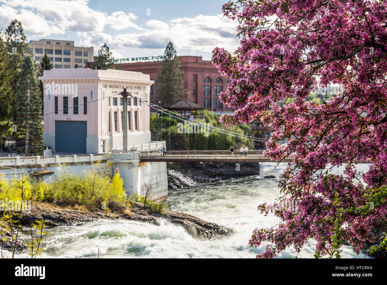 People walk on a pedestrian bridge over Spokane River, bright pink ...