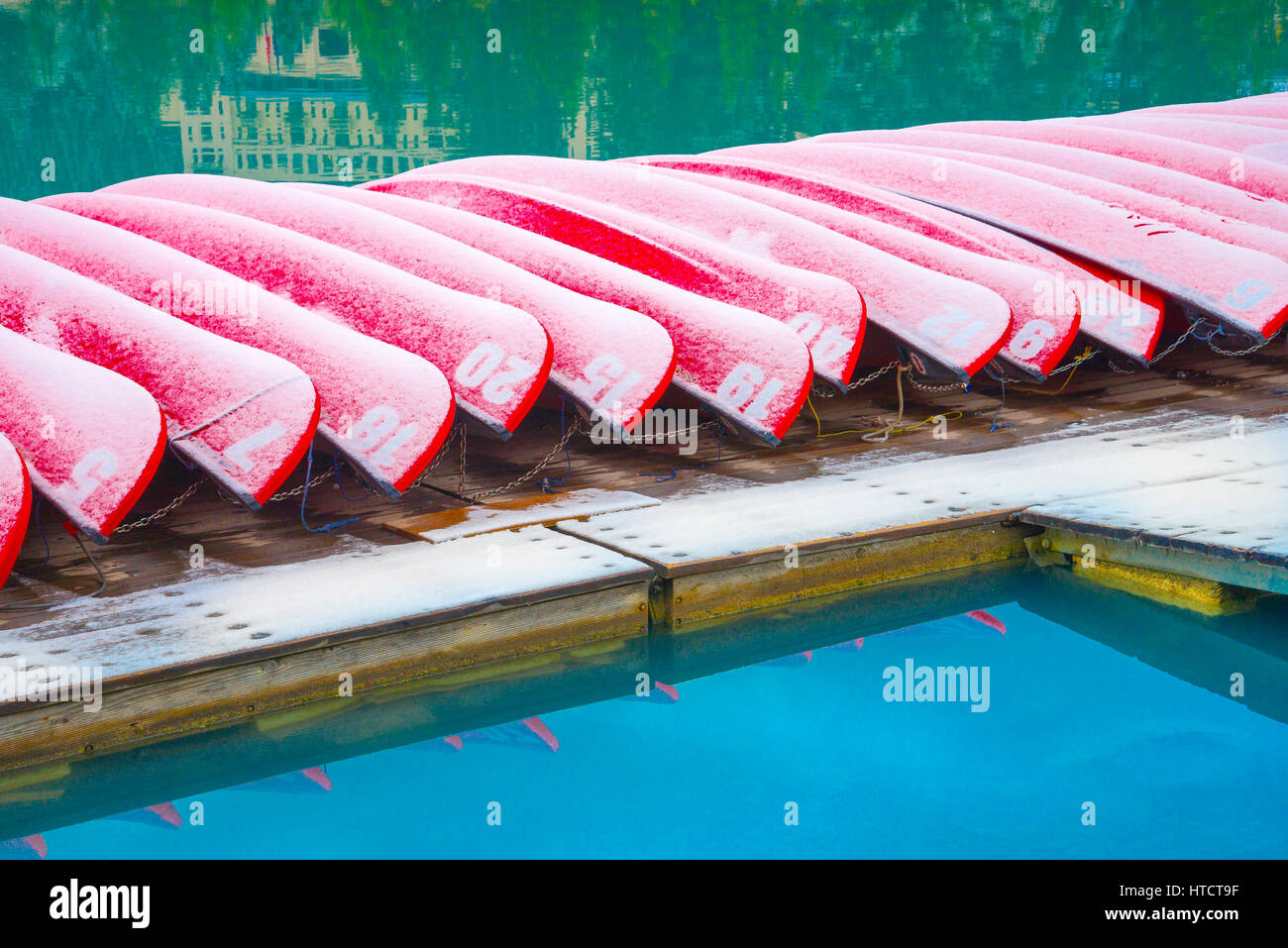 Snow covered canoes, Lake Louise, Banff National Park, Alberta, Canada ...