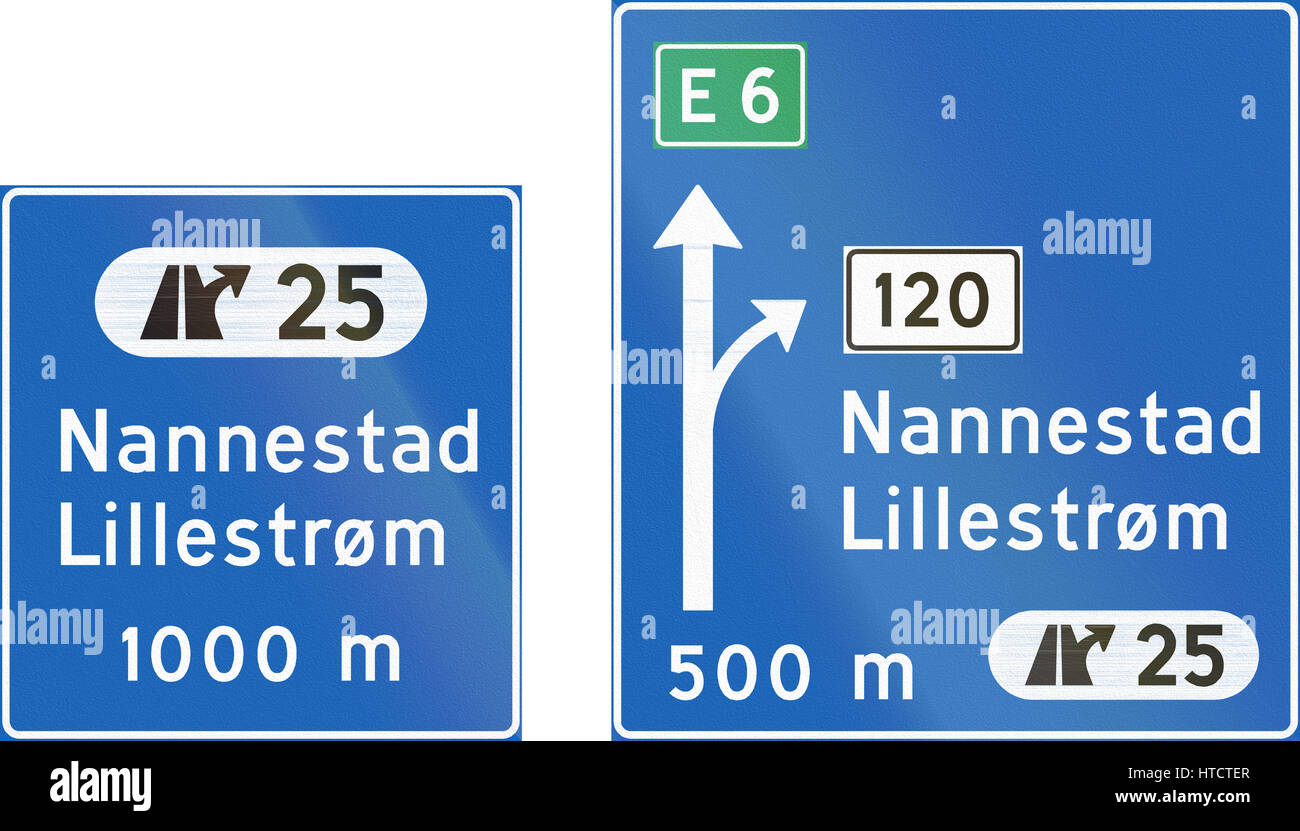 Composite of Norwegian motorway direction signs with destinations Stock ...
