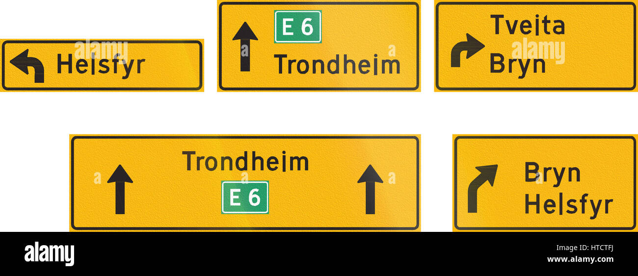 Composite of Norwegian highway direction signs with destinations Stock ...