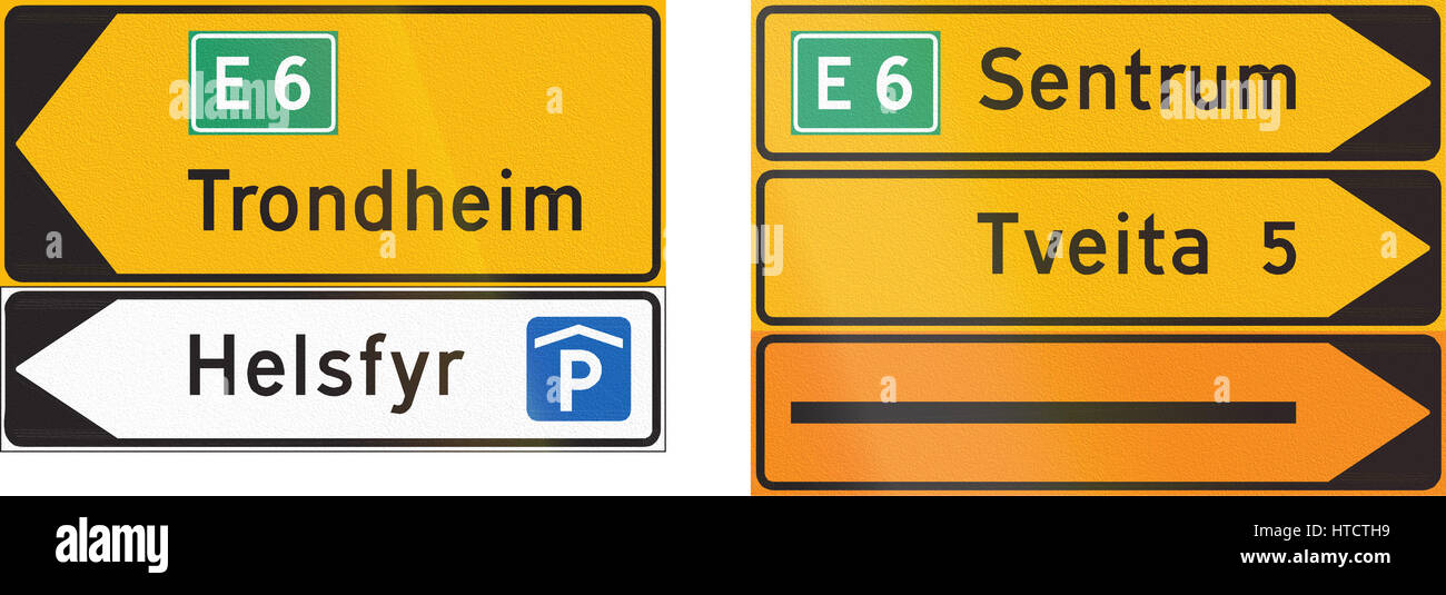 Composite of Norwegian highway direction signs with destinations Stock ...