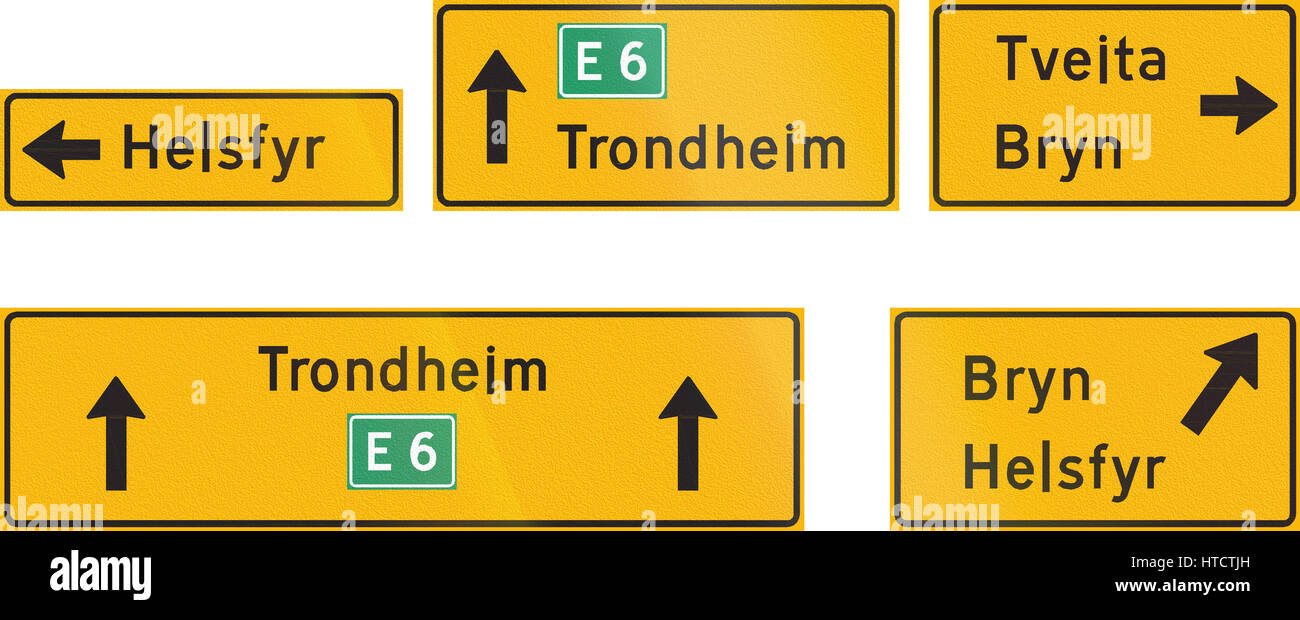 Composite of Norwegian highway direction signs with destinations Stock ...