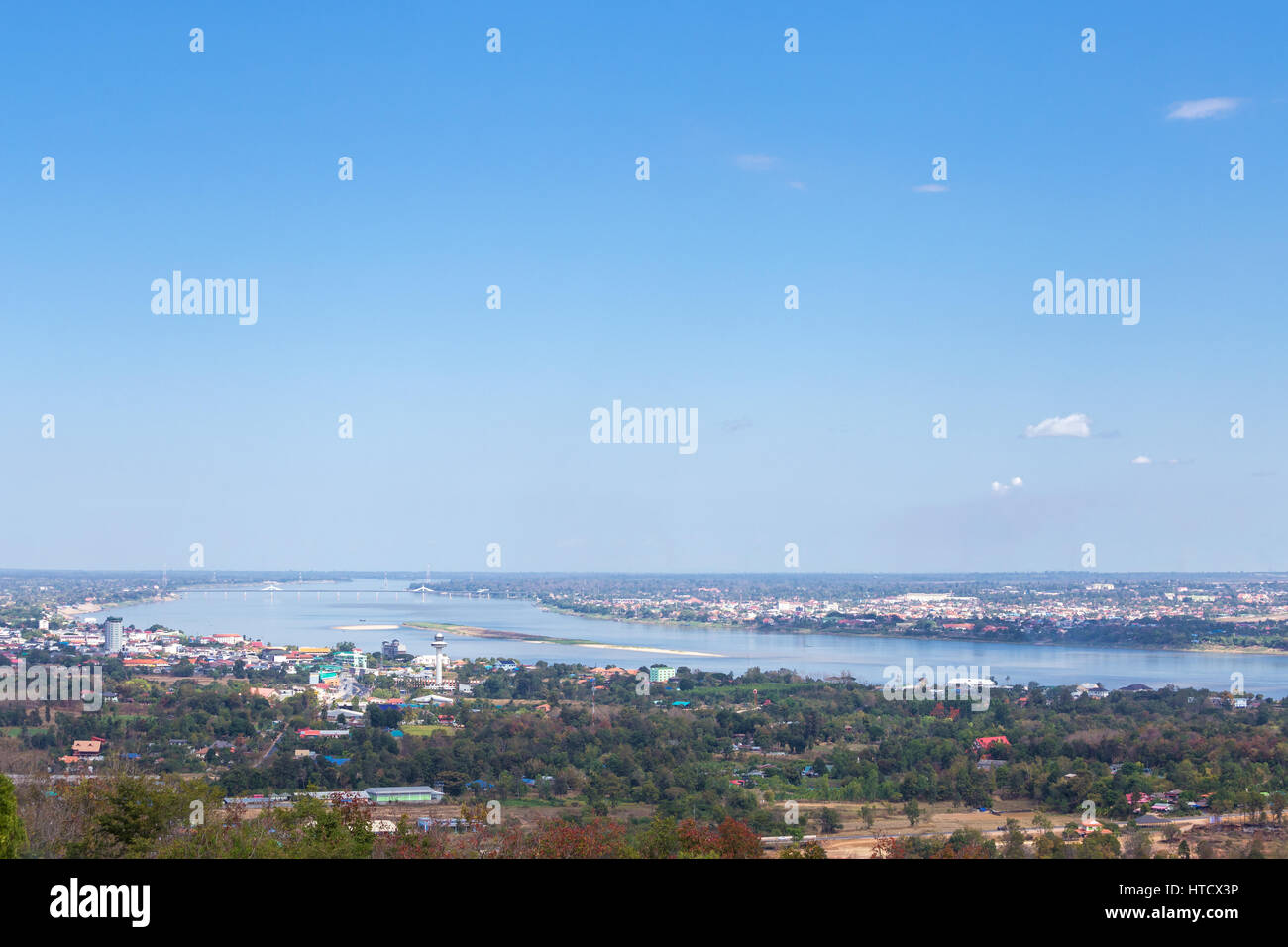 top view of mekong river with Thai-Lao friendship bridge at Mukdahan ...