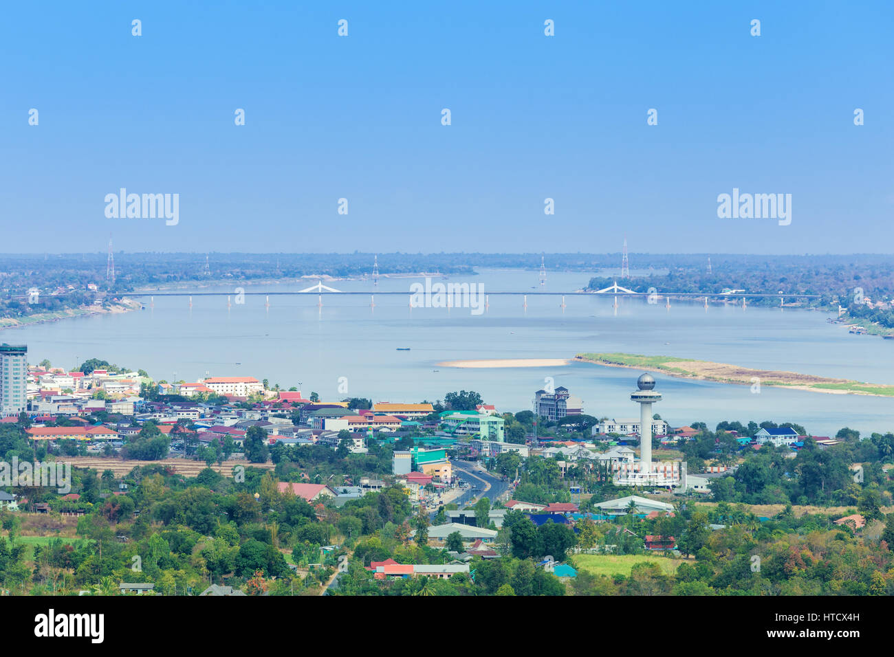 top view of mekong river with Thai-Lao friendship bridge at Mukdahan ...