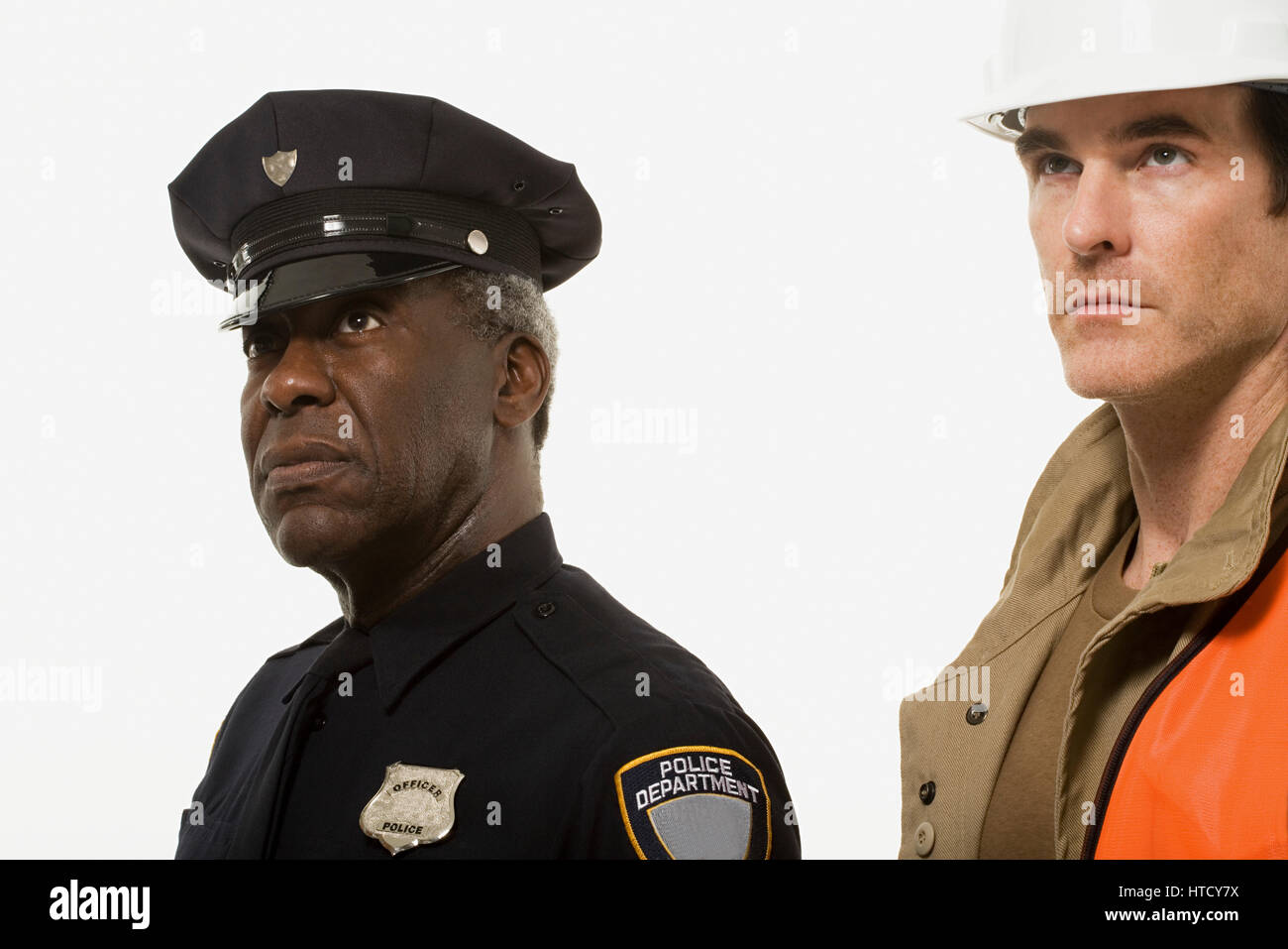 Portrait of a police officer and a construction worker Stock Photo - Alamy