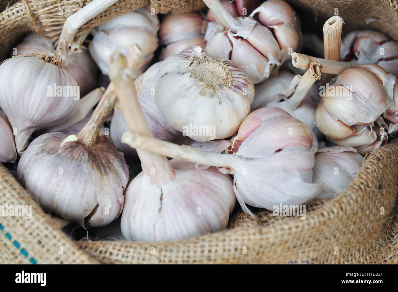 Dried whole garlic in burlap sack in asia Stock Photo - Alamy