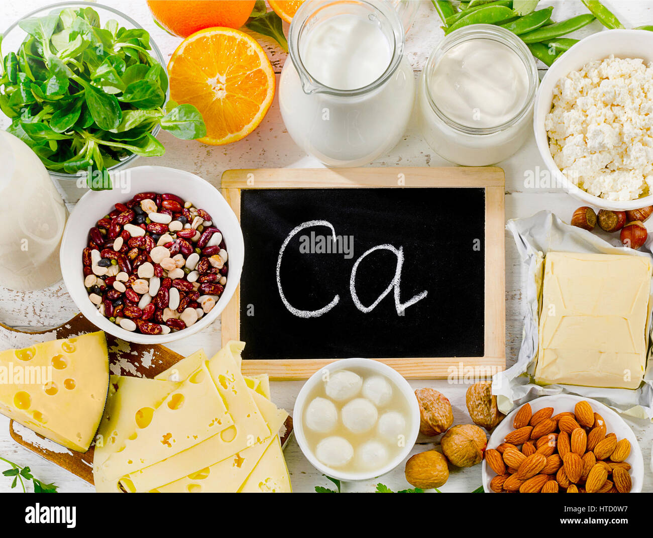 Group of products rich in calcium. Healthy food. Top view Stock Photo ...