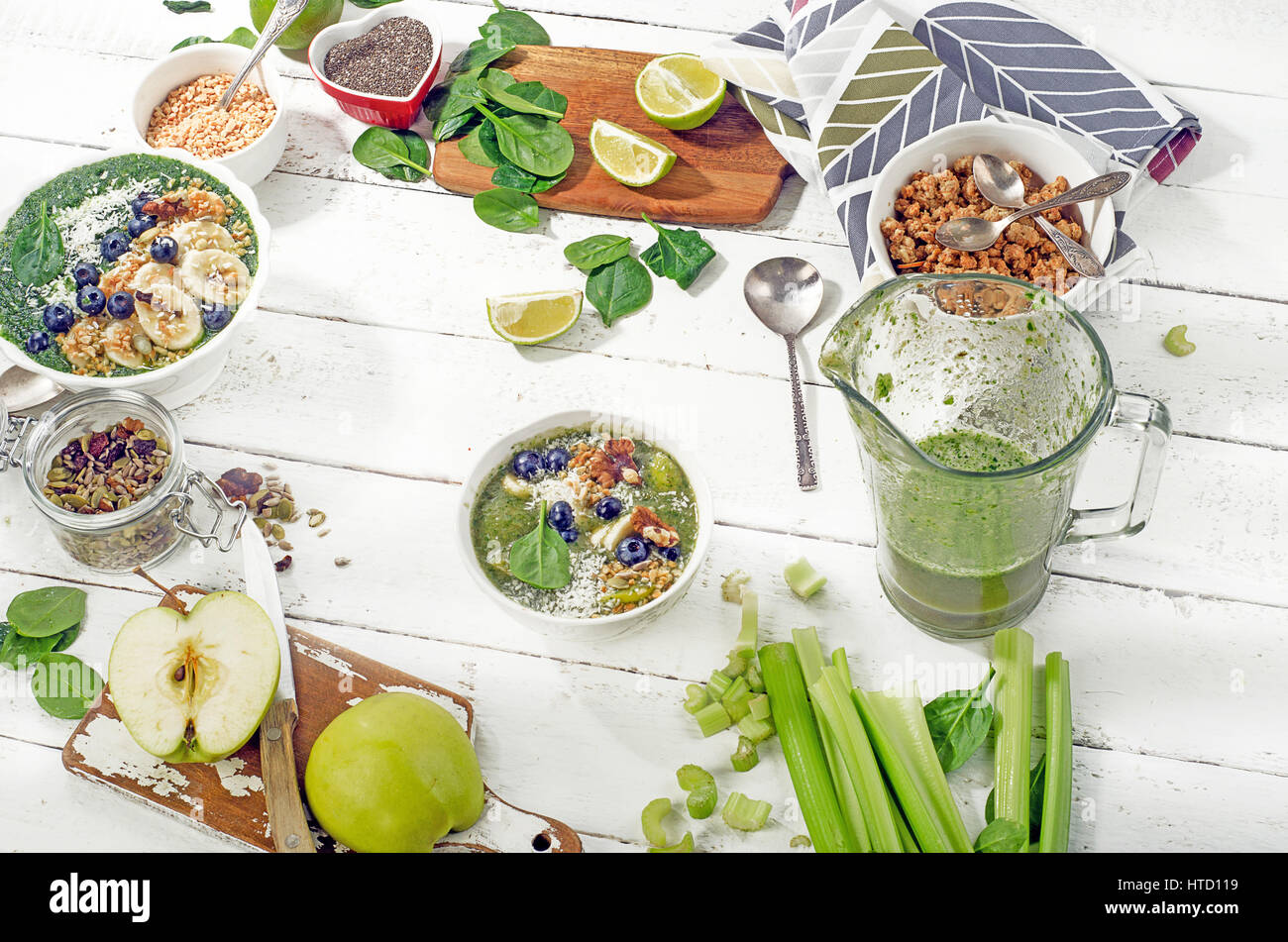 Fresh healthy smoothies with fresh fruits and vegetables. Top view ...