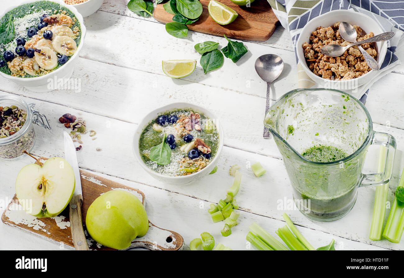 Fresh healthy smoothies with fruits and vegetables. View from above ...