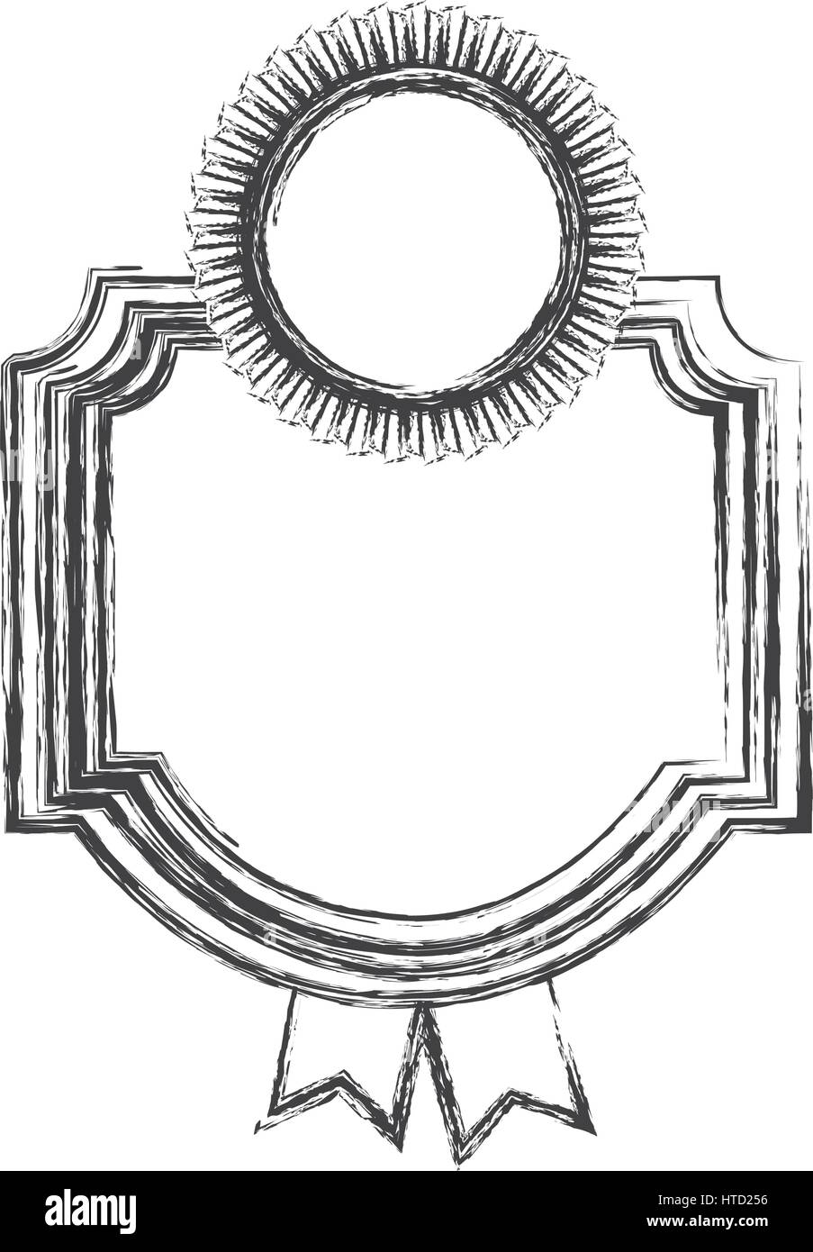 monochrome sketch of heraldic frame with circular emblem and two ...