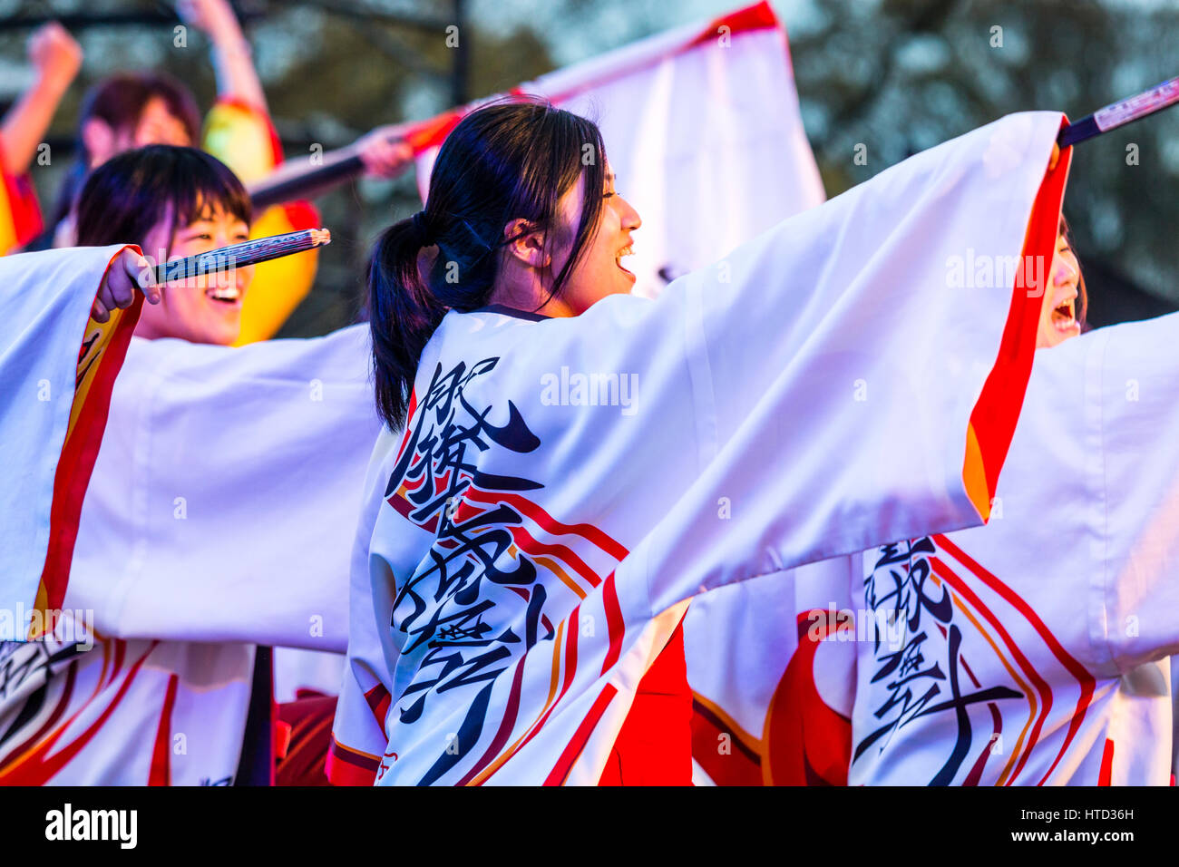 Japan. Yosakoi festival. Night time. 3 Young women in white yukata ...