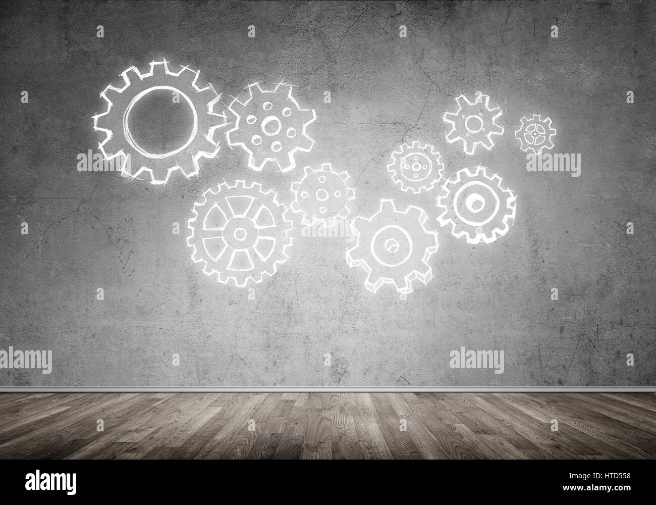 Gear hand drawn mechanism on gray wall Stock Photo - Alamy