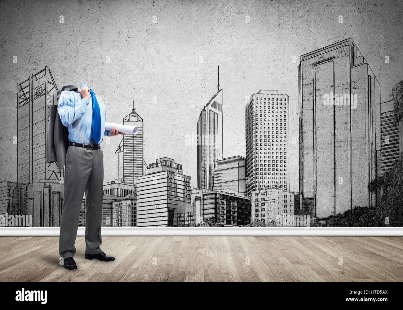 Headless engineer man with papers in hand against construction ...