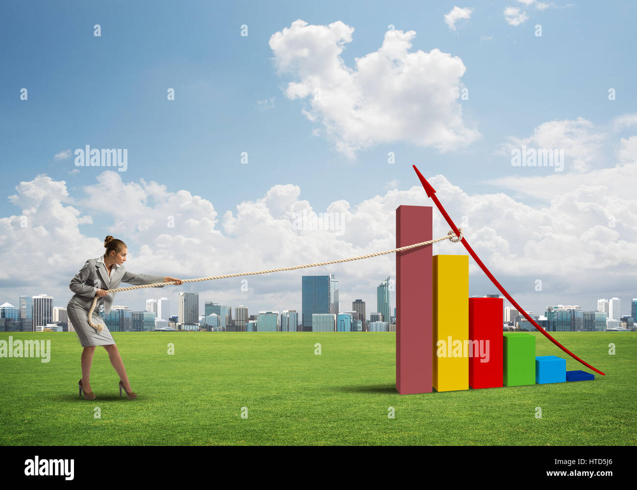 Young woman outdoors and growing graph presenting growth progress Stock ...