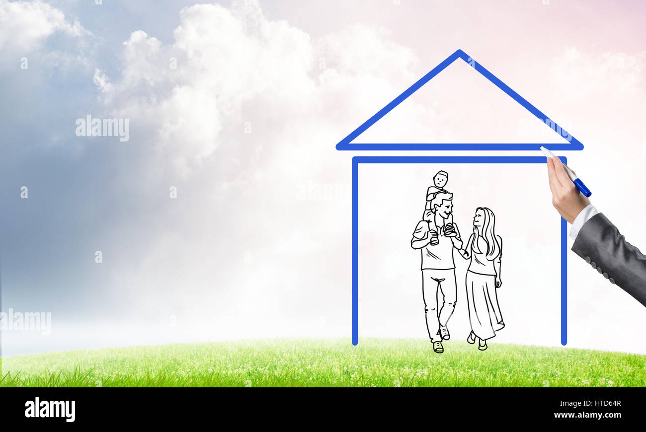 House figure as real estate symbol on clouds background Stock Photo - Alamy