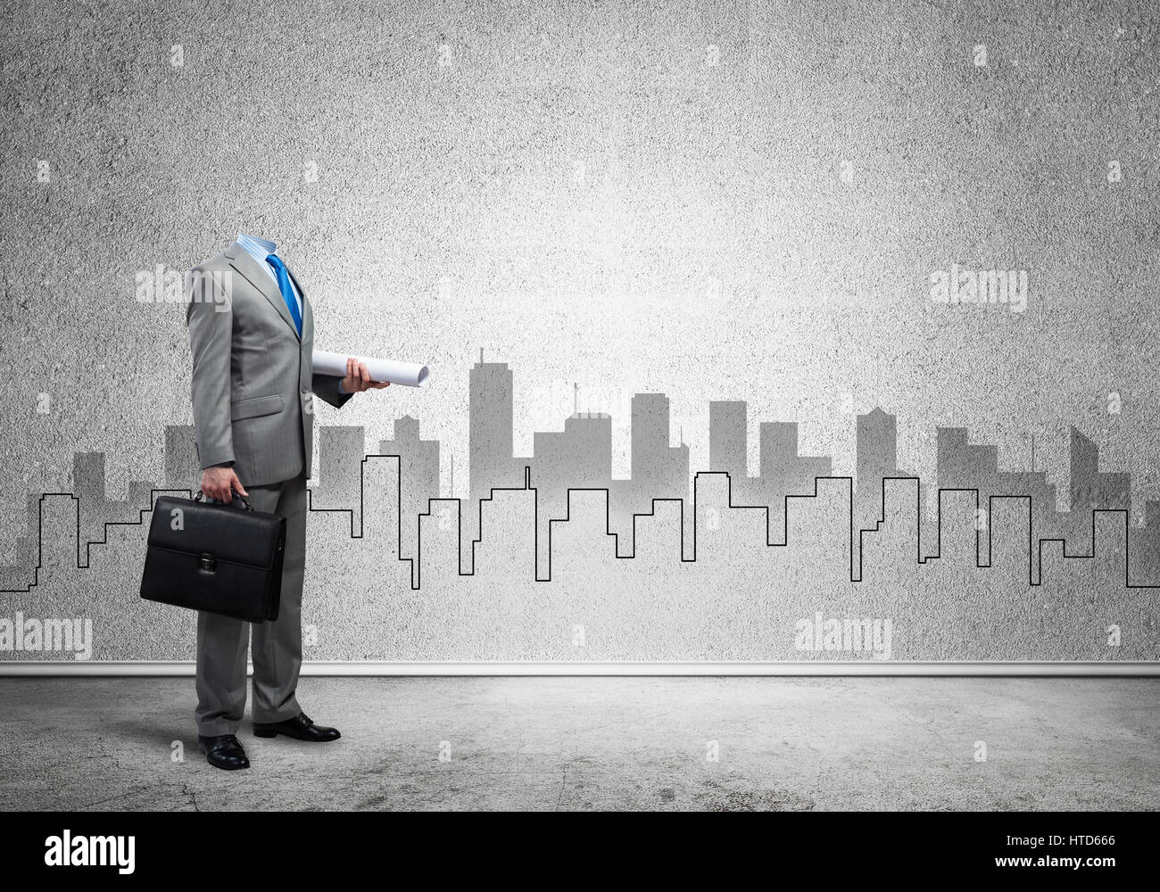 Headless engineer man with papers and case in hand against construction ...