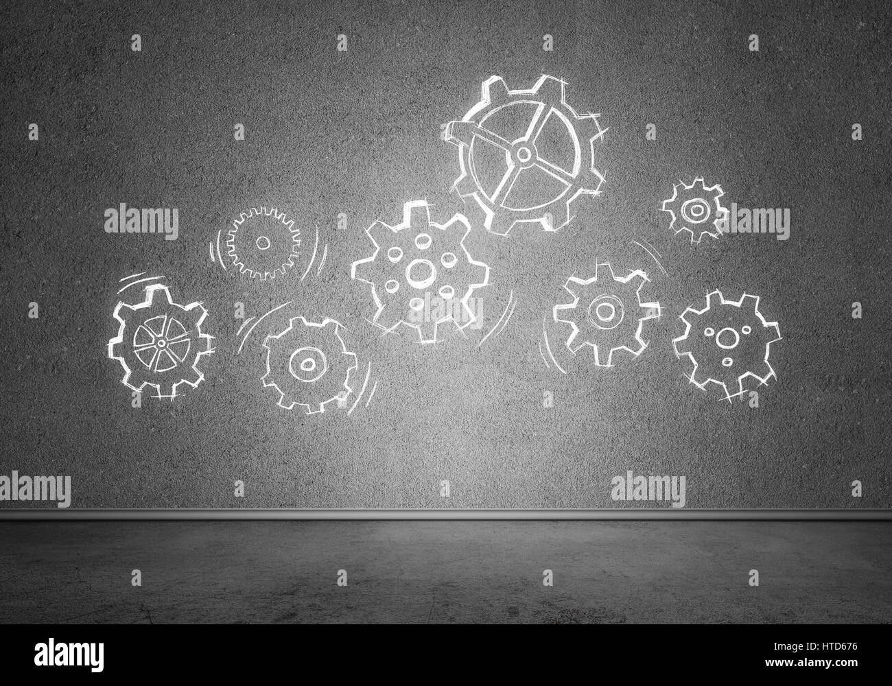 Gear hand drawn mechanism on gray wall Stock Photo - Alamy
