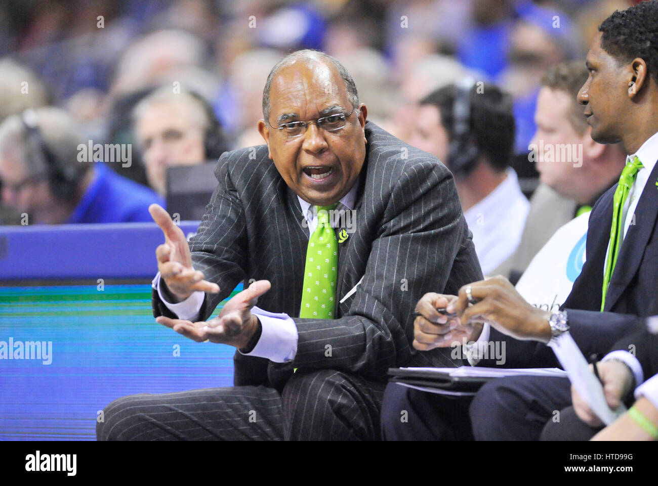 Memphis, TN, USA. 2nd Mar, 2017. Memphis coach Tubby Smith reacts to ...