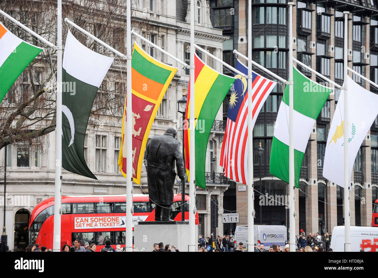 London, UK. 10th Mar, 2017. Fifty two flags representing countries of ...