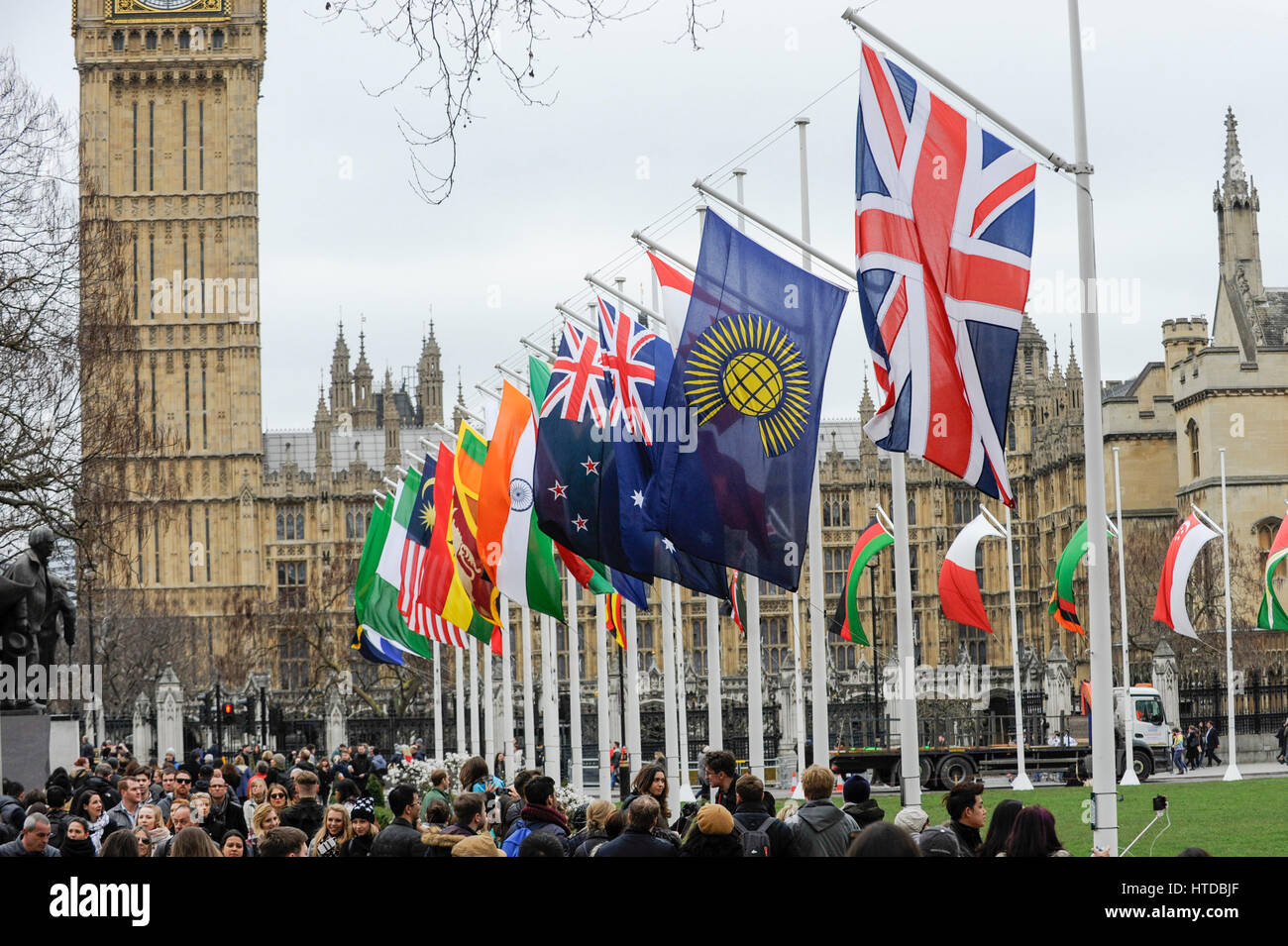 London, UK. 10th Mar, 2017. Fifty two flags representing countries of ...