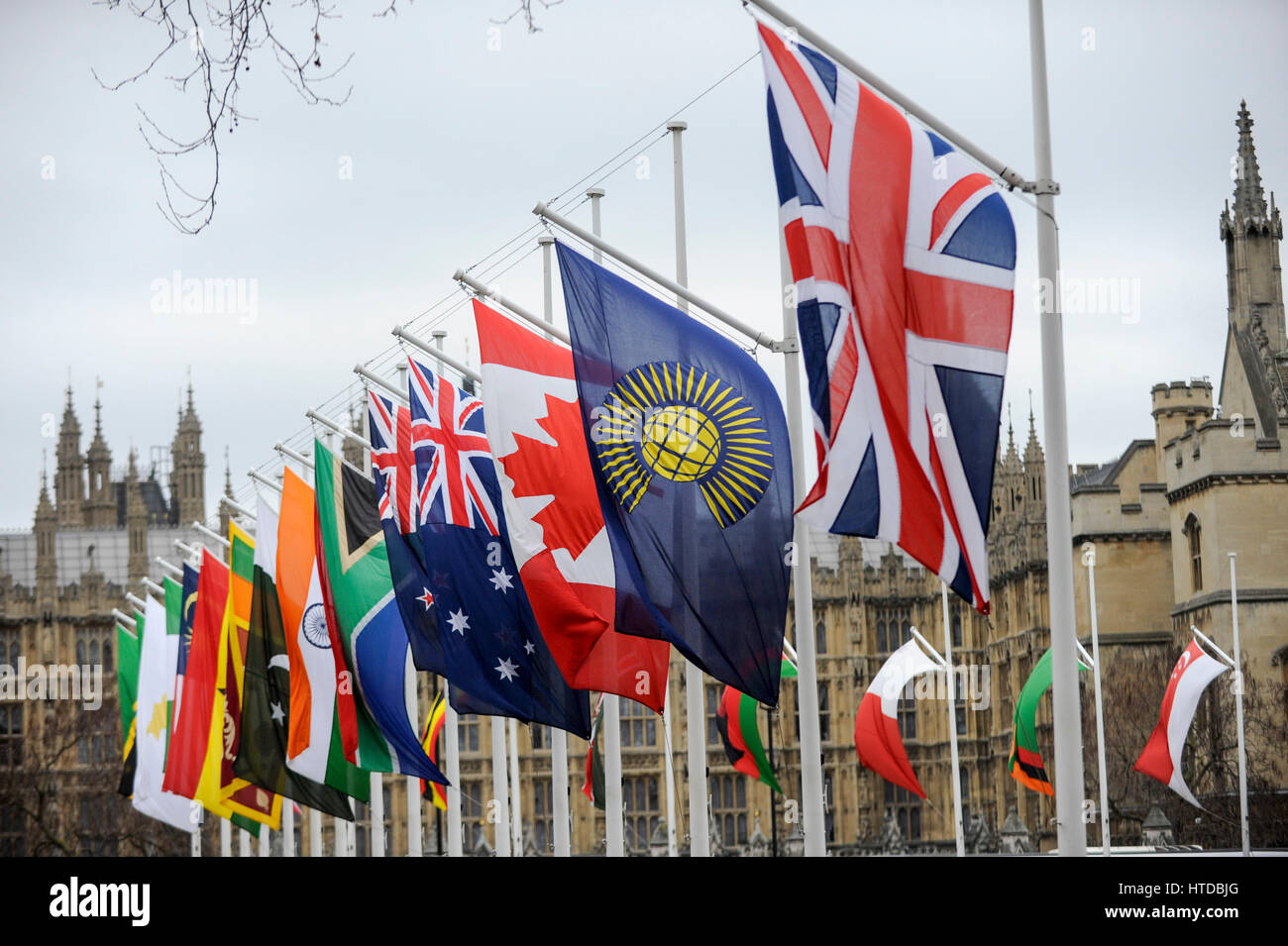 London, UK. 10th Mar, 2017. Fifty two flags representing countries of ...
