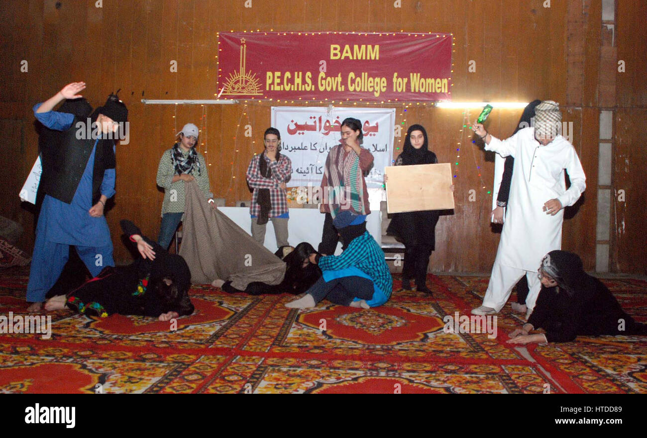 Students of P.E.C.H.S Girls College are performing a tableau on the ...