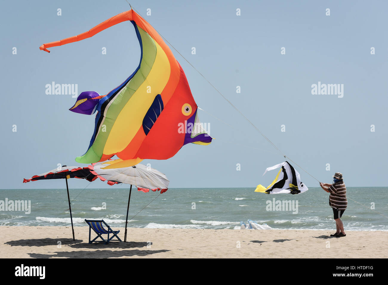 Phetchaburi, Thailand. 10th March 2017. A kite fan tries to make ...