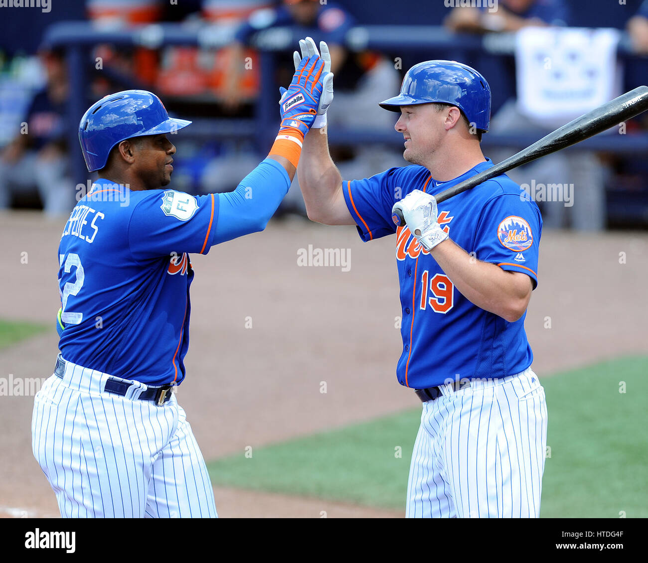 Port St. Lucie, FL, USA. 10th Mar, 2017. Yoenis Cespedes and Jay Bruce ...