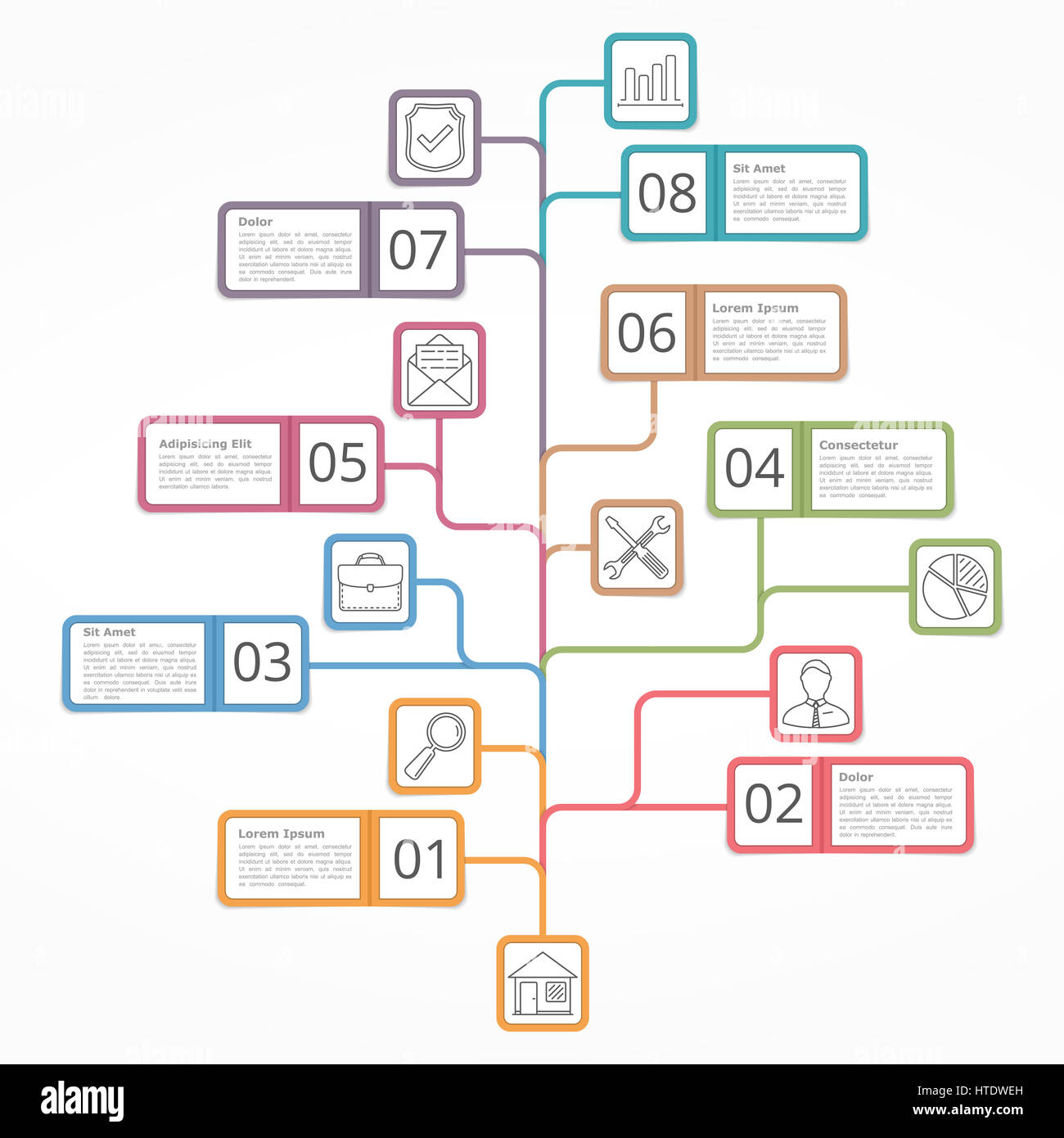 Infographics, tree diagram with objects with text, numbers and icons ...