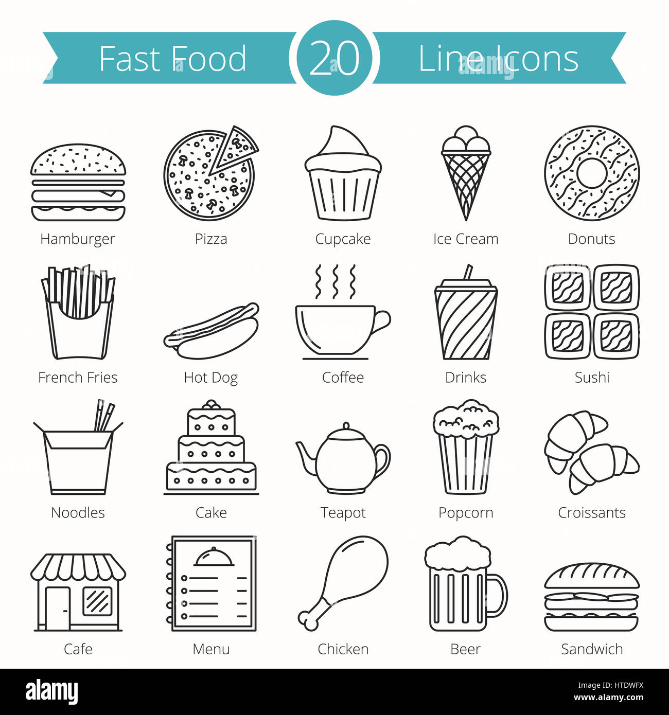 Set of 20 fast food line icons Stock Photo - Alamy