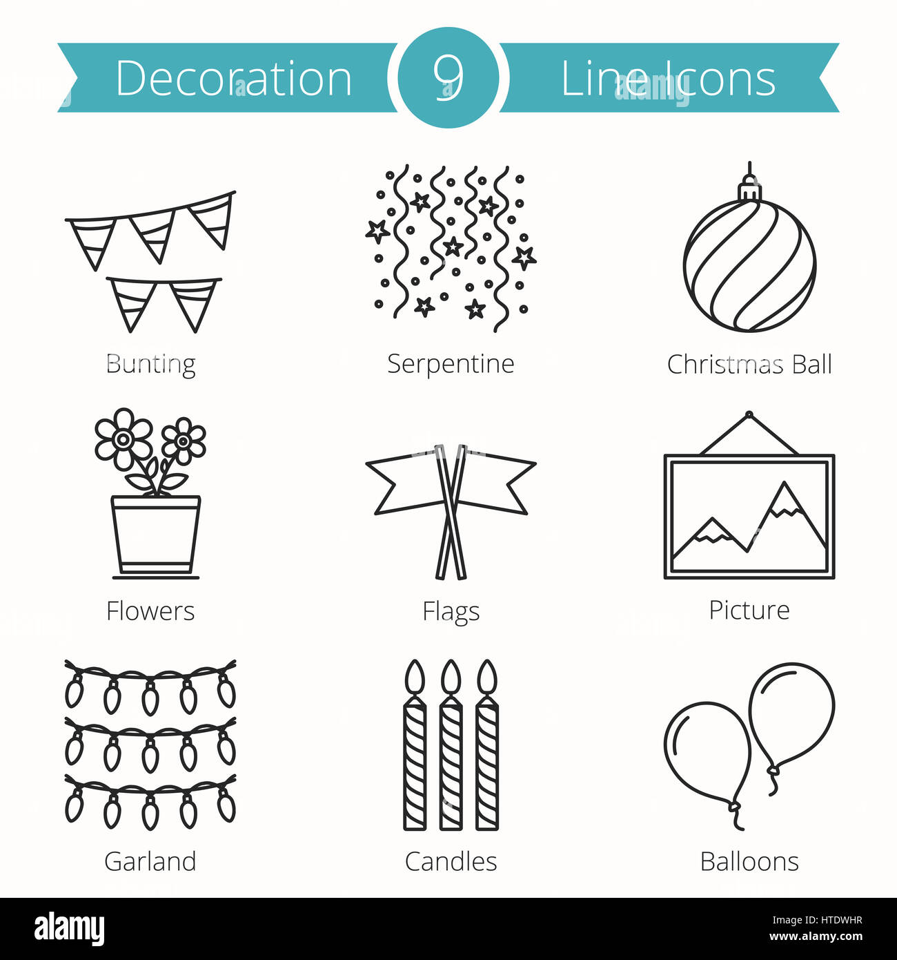 9 Decoraion objects line icons Stock Photo - Alamy
