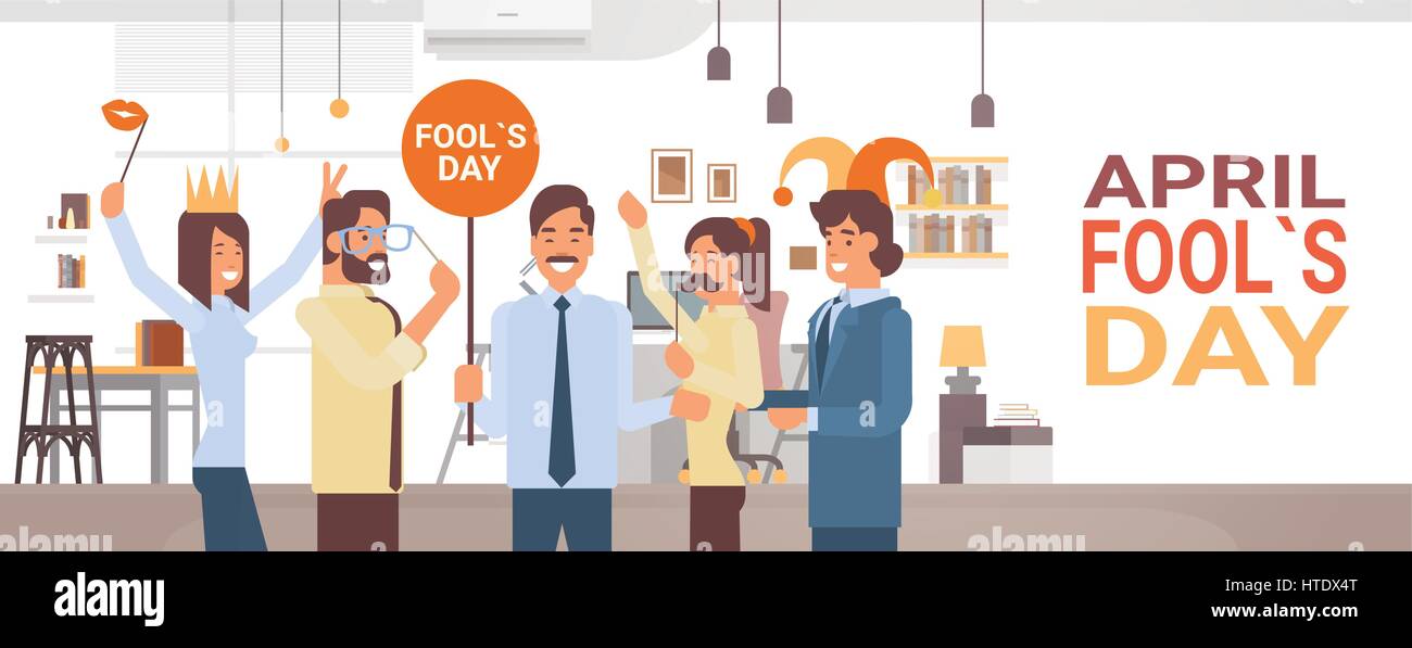 People Group Celebrating Fool Day April Holiday Greeting Card Banner ...