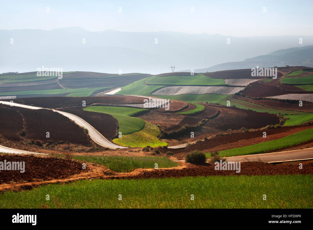 Panoramic view of chinese agriculture landscape with mountains and ...
