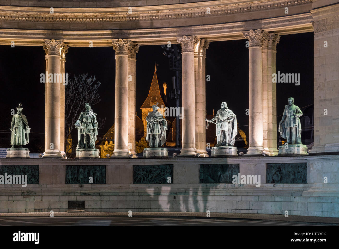 Heroes Square (Hősök tere), Budapest, Hungary, at night. The square ...