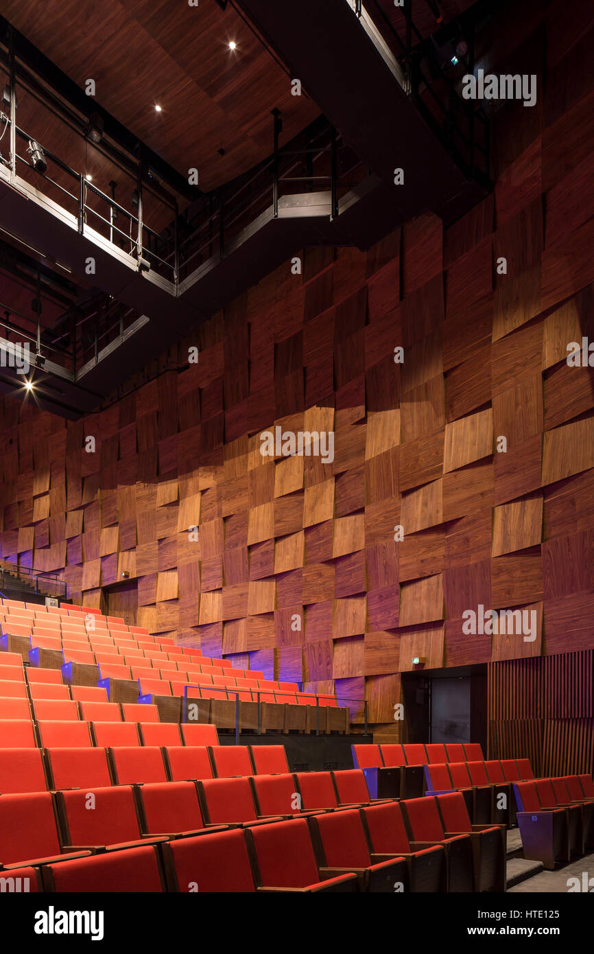 Theatre hall interior with red seating. Sénart Theatre, Paris, France ...