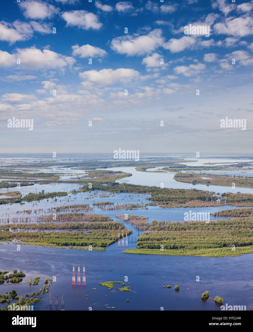View from above of flooded forest plains with power lines Stock Photo ...