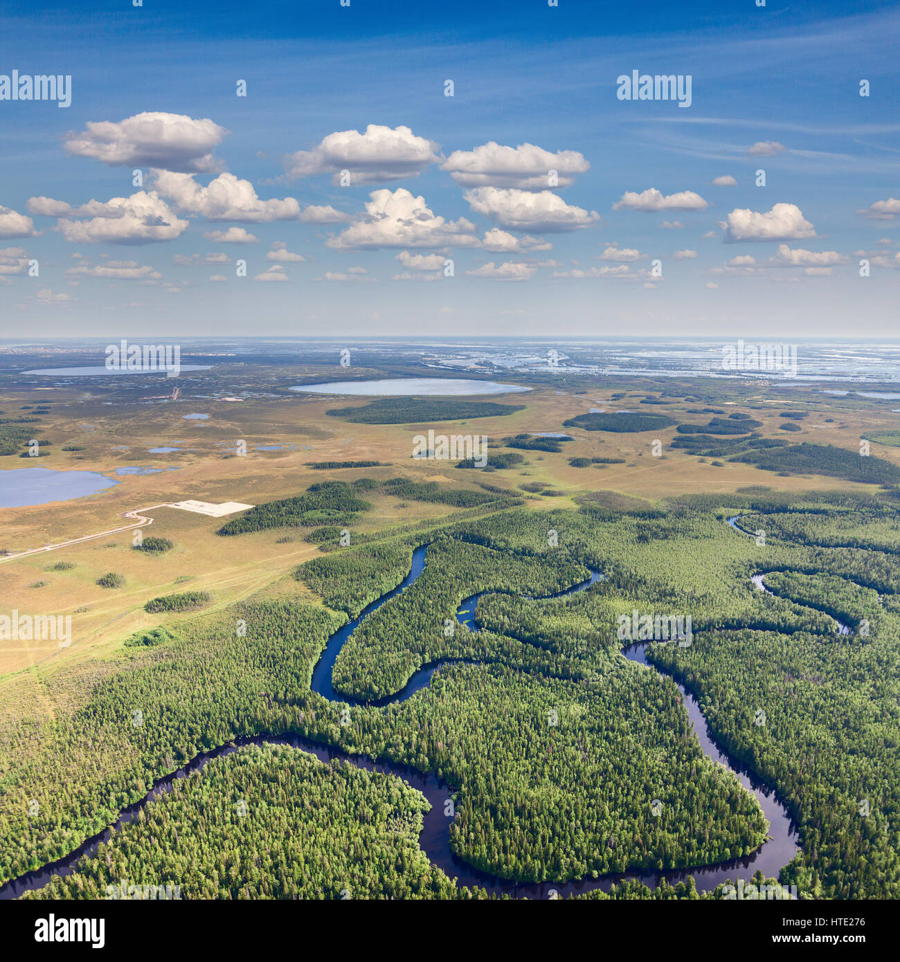 Aerial view the marshy terrain with river and lakes in summer day Stock ...