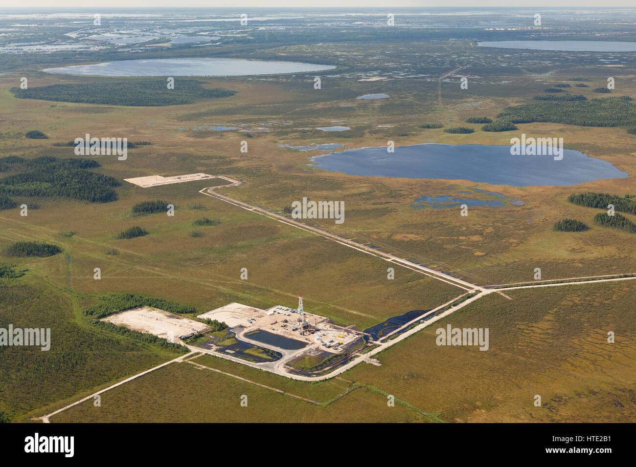 Aerial view of oil rig at an oil field in Western Siberia in the autumn ...