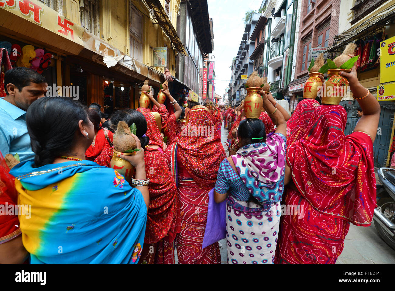 KATHMANDU, NEPAL - OCTOBER 11: Crowd of Hindu people celebrating the ...