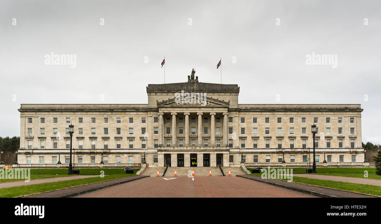 Wide angle photograph of main Stormont building with Union Jack flags ...