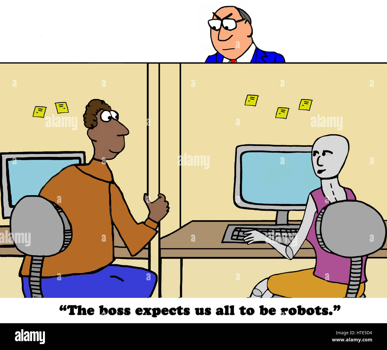 Business cartoon of a robot telling her coworker, 'the boss wants us ...