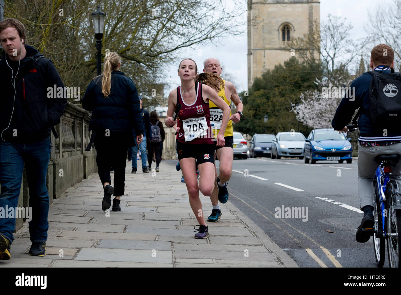 Runners crossing Magdalen Bridge in the Teddy Hall Relays, Oxford, UK ...