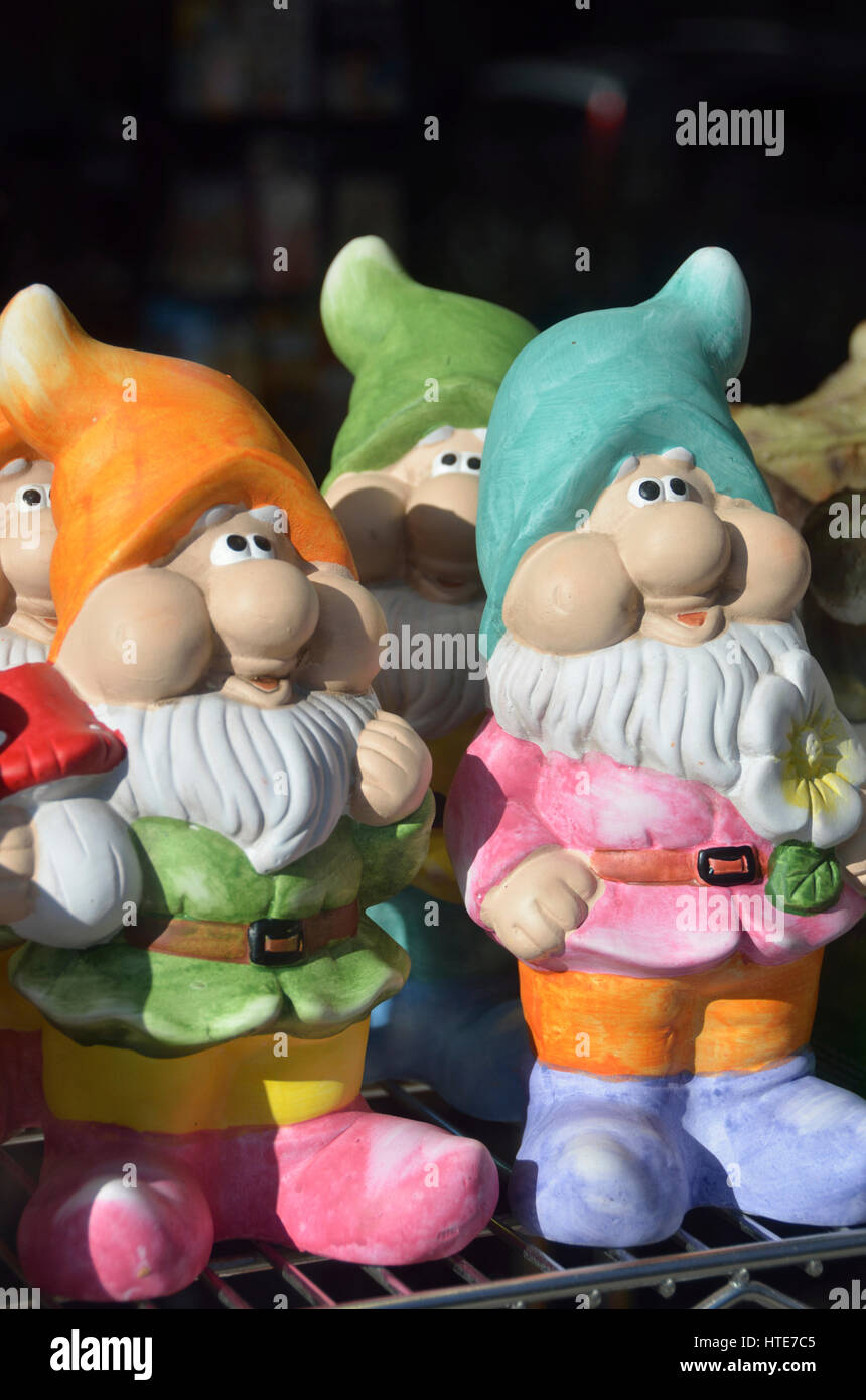Garden gnomes in a shop window display Stock Photo - Alamy