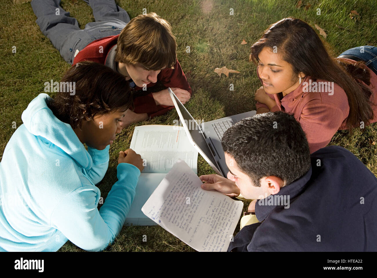 Four students studying outdoors Stock Photo - Alamy