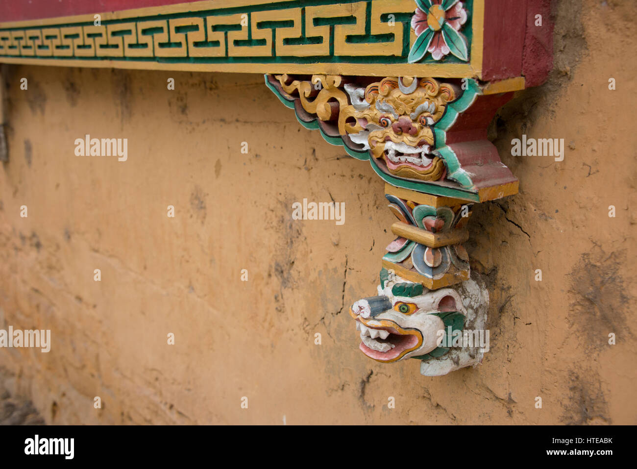 Bhutan, Thimphu. Detail of traditional Bhutanese architecture, ornately ...